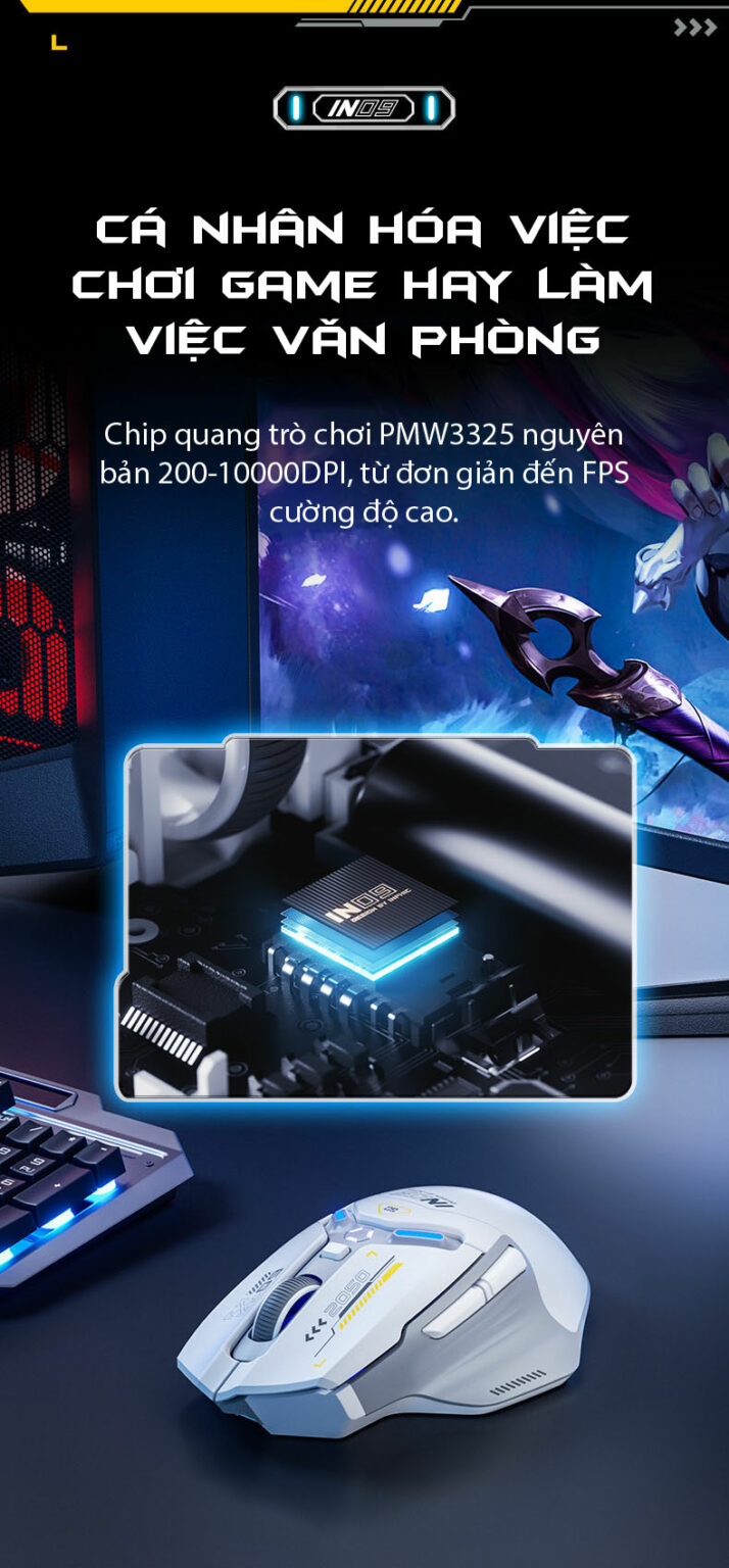 Chuột Gaming INPHIC IN09 PRO màu đen Paw3395 Bluetooth không dây 3 chế ...