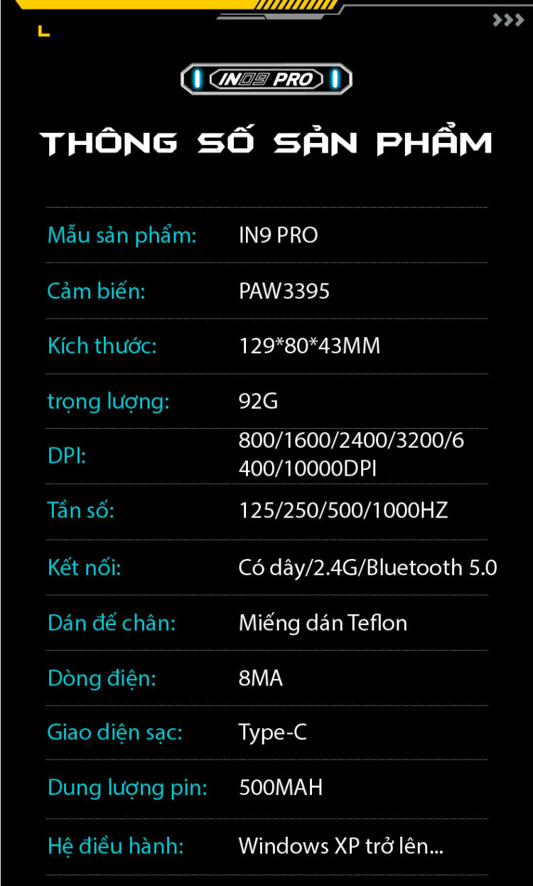 Chuột Gaming INPHIC IN09 PRO màu đen Paw3395 Bluetooth không dây 3 chế ...